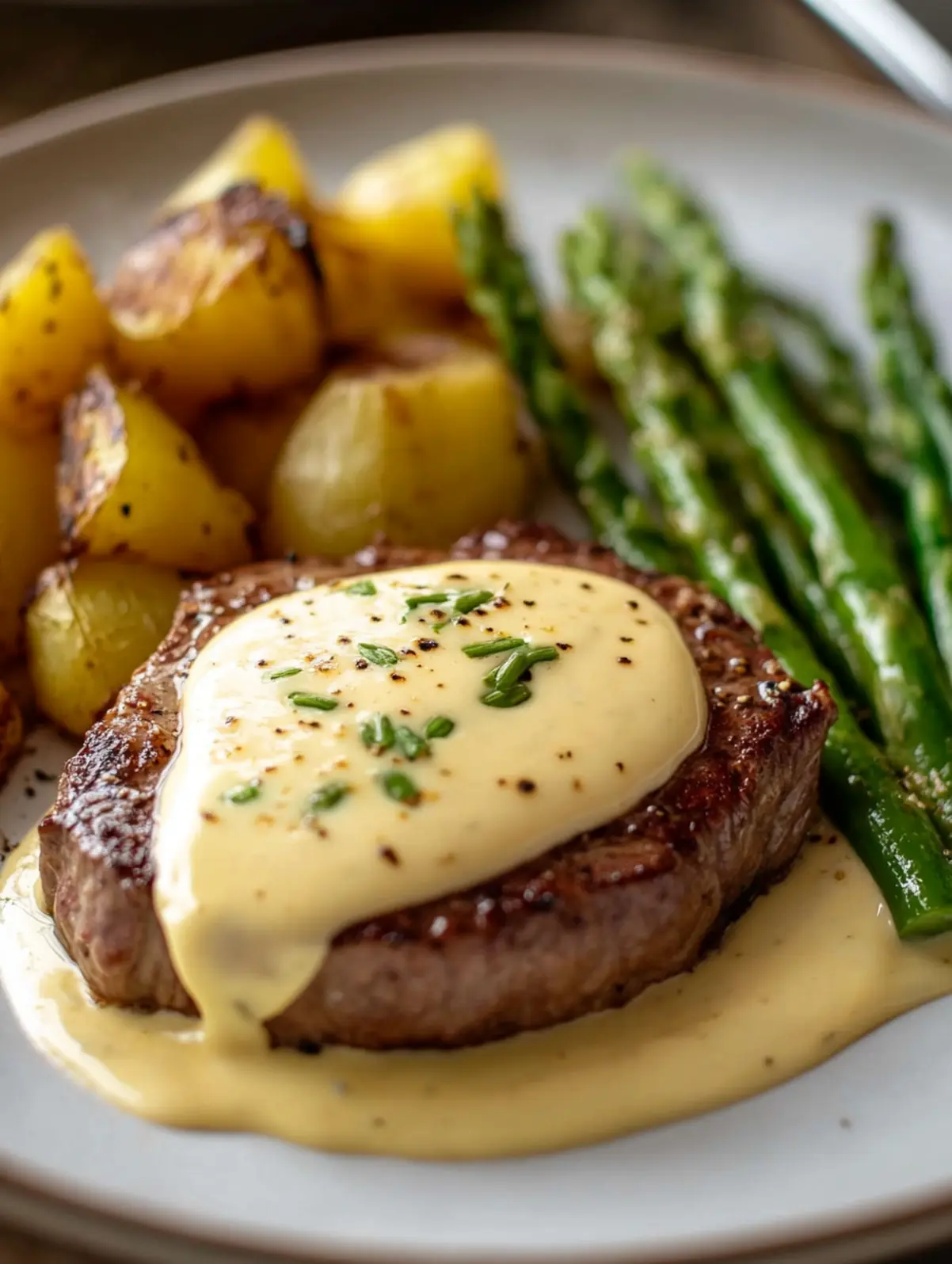 Spargel mit Kartoffeln und Steak: Luxuriöse Sauce Hollandaise